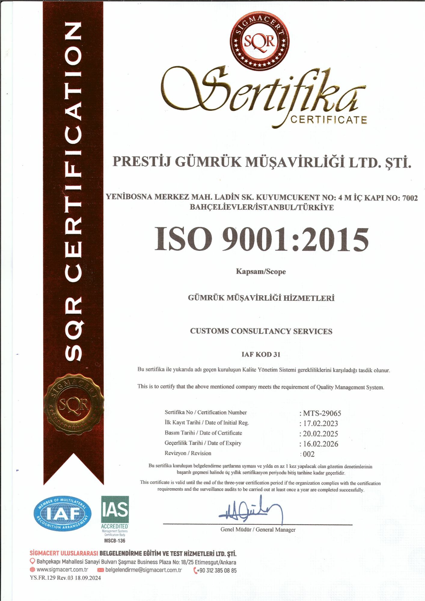 Certificates | Prestij Customs Consultancy Ltd.